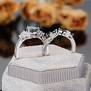 IRROYA 6x9mm Natural Pear Cut Moss Agate Bridal Ring Set,Cluster Genuine Moissanite Engagement Ring,V Shaped Open Ring Band, Sterling Silver Platinum, moss agate