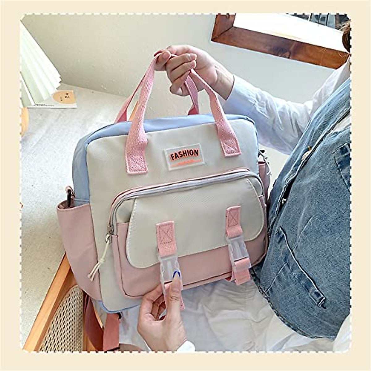 JELLYEA Kawaii Backpack Cute Tote Bag Girl School Crossbody Shoulder Bag with Kawaii Accessories Multi Purpose (Light Pink)