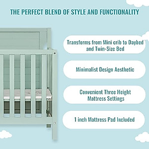 Dream On Me Bellport 4 in 1 Convertible Mini/Portable Crib in Light Seafoam Green, Non-Toxic Finish, Made of Sustainable New Zealand Pinewood, with 3 Mattress Height Settings