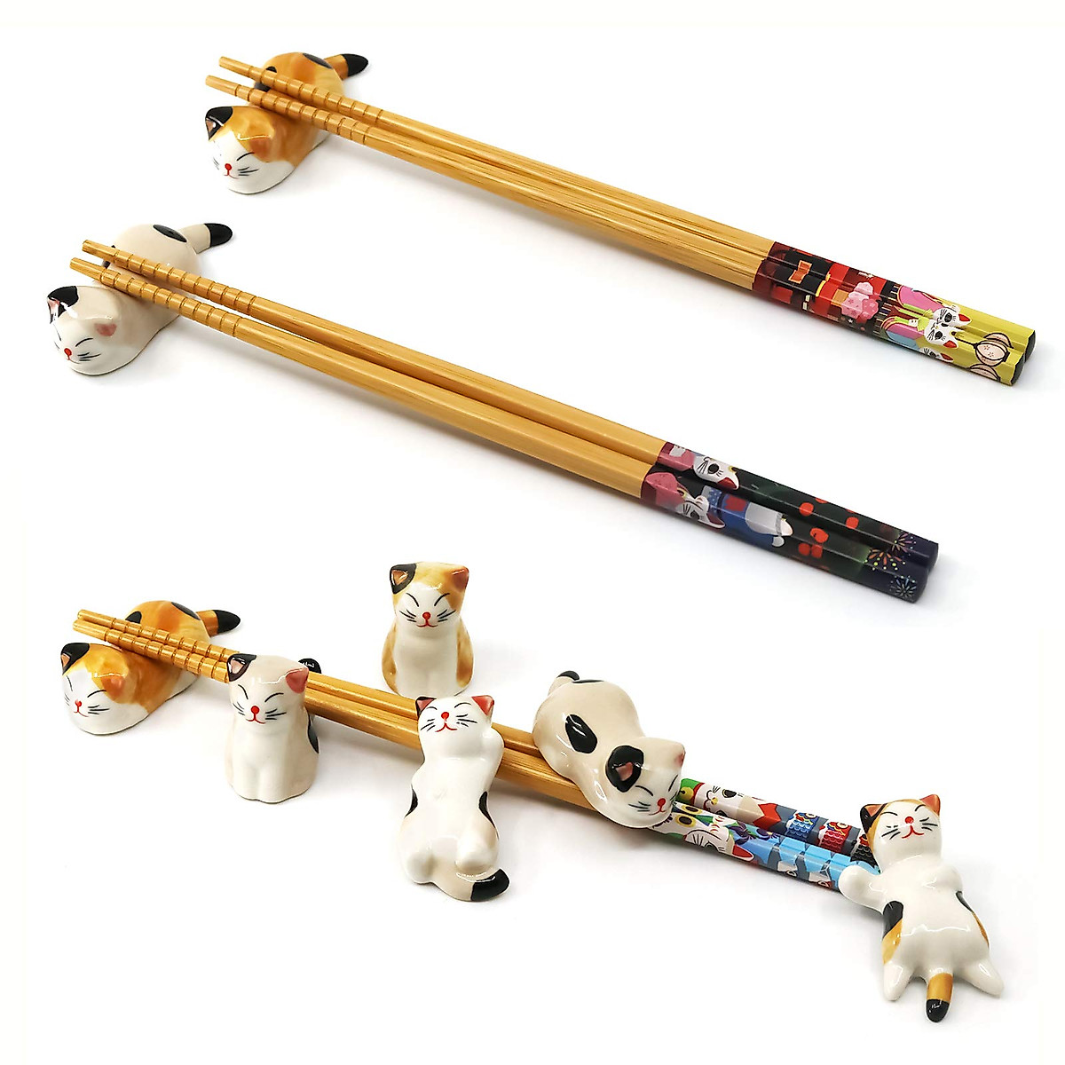 NaiHey 5 Pairs Chopsticks and Chopstick Rest Set, 6 Cute Lucky Cats Rest, Classic Japanese Style light and handy Reusable Natural Bamboo Dishwasher, Classic Gift Sets