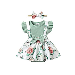 HIGHUZZA Baby Girl Clothes 3-6 Months Newborn Romper Summer Dress Infant Outfits Fly Sleeve Floral Clothing Suspender Headband Overall Skirt Set Green