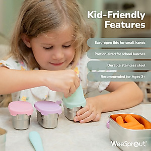 WeeSprout 18/8 Stainless Steel Condiment Containers - Set of 3 Small Dipping Sauce Cups (2.5 oz) with Lids, Pack in Kid/Adult Lunch Box, Leakproof Silicone Lids, Easy to Open, for Dips/Condiments