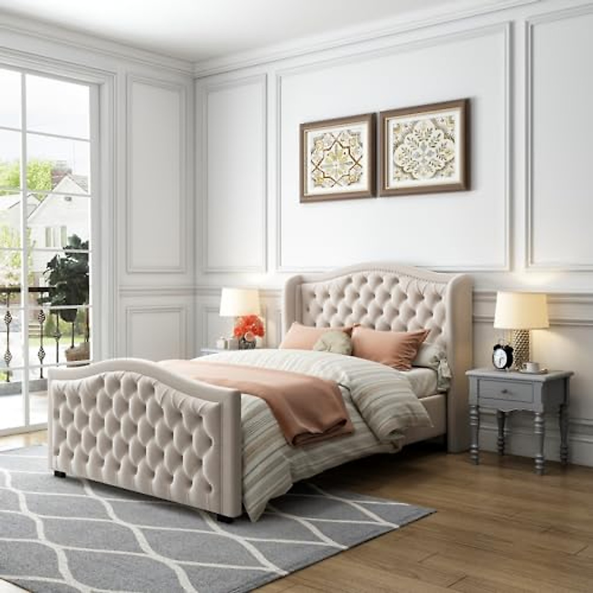 Leadtimes Beige Velvet Bed Frame Queen Size Upholstered Platform with Tufted Button Wingback Headboard Durable and Luxurious