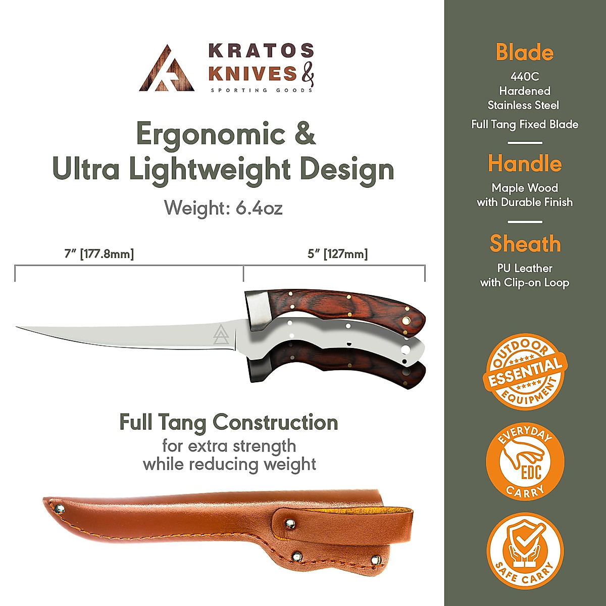 Bushcraft Fillet Knife, 12 Inch Fillet Knife for Fish, Fixed Blade Fish Fillet Knife, 440C Hardened Stainless Steel Boning Knife by Kratos - ZF3F