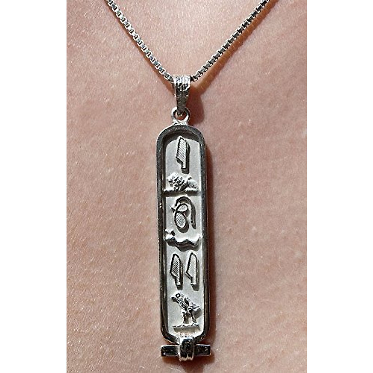 Discoveries Egyptian Imports Made in Egypt - Personalized Sterling Silver Cartouche Necklace Bundle - 1-Sided Solid Style Pendant with Hieroglyphs and 18" Chain - Handmade in Egypt Size: Large