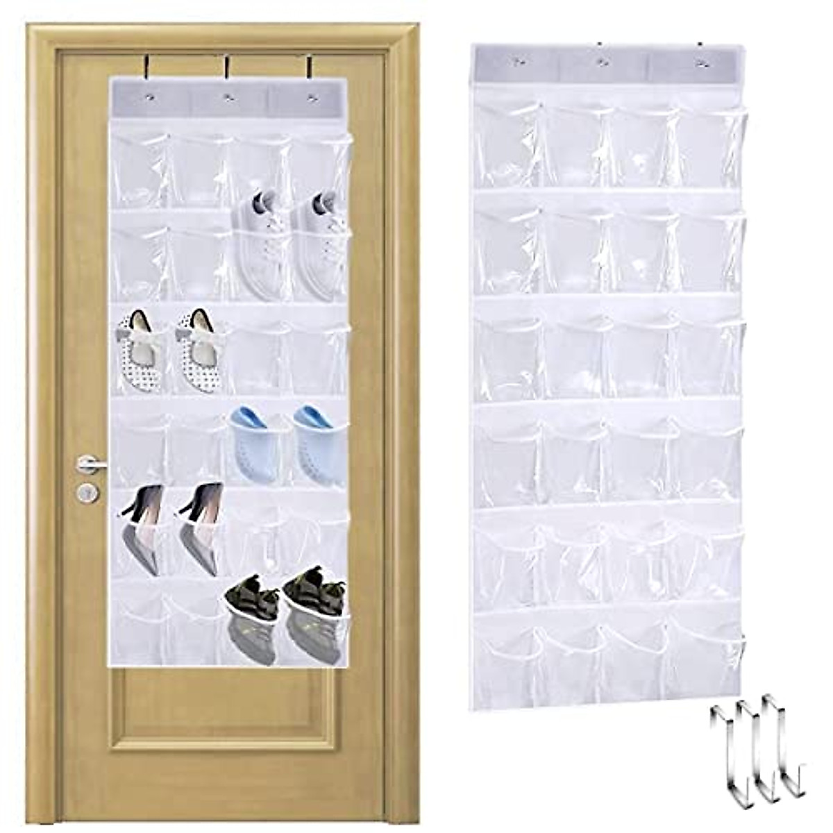 QUMENEY 24 Pockets Over the Door Shoe Organiser, Folding Hanging Organiser Shoe Racks with Hooks, Heavy-Duty Hanging Mesh Shoe Holder for Badroom, Bathroom, Wardrobe