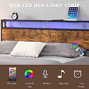 RIDFY Bed Frame with LED Lights and 2 USB Ports, Industrial Platform Bed Frame with 2-Tier Storage Headboard, Heavy Duty Camas/Noise Free/No Box Spring Needed/Brown (Full)