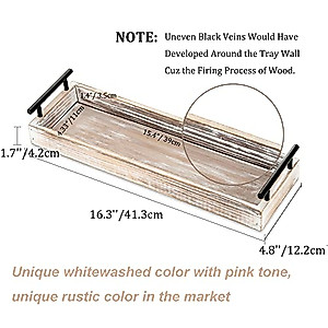 Hanobe Wood Serving Tray with Metal Handles - Rustic Whitewash Rectangula Decorative Trays Long Narrow Ottoman Trays for Decor Wooden Country Centerpiece for Wine Coffee Table Candle Holder