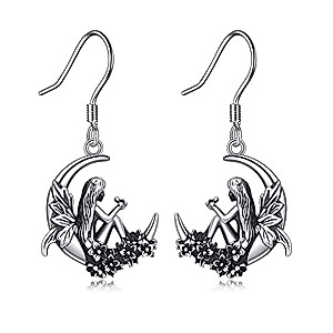 Fairy Earrings 925 Sterling Silver Elf Fairy on Moon Dangle Drop Earrings Jewelry Gifts for Women