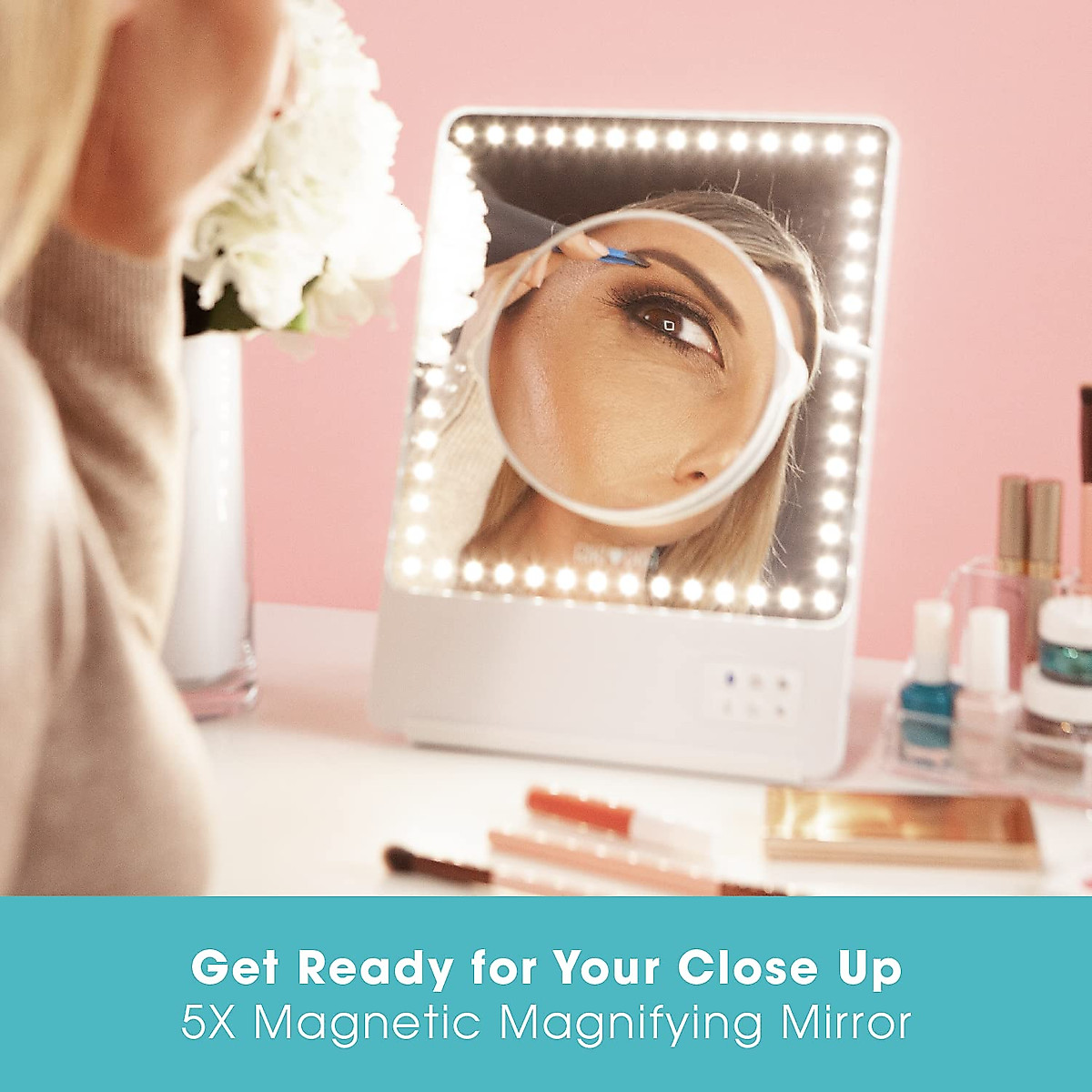 Glamcor Riki Skinny Smart Vanity Mirror with HD LEDs, Magnifying Mirror Attachment, Phone Holder and Bluetooth Control (White, 5X Magnification)