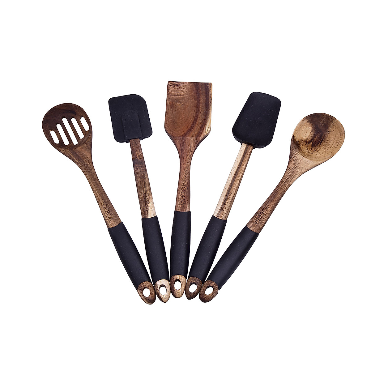 TOOKSA- Premium 5 Piece Acacia Multi-Toned Light and Dark Wooden Spoon, Turner and Spatula Utensil Set with Silicone, Rubber, Non-Slip Handles (Black)