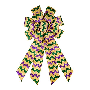 Mardi Gras Wreath Bows, Purple Green Wave Stripes Mardi Gras Bows for Wreaths - Large Mardi Gras Decor Bow for Mardi Gras Carnival Home Garden Indoor Outdoor Decoration Wreath Ornament Supplies