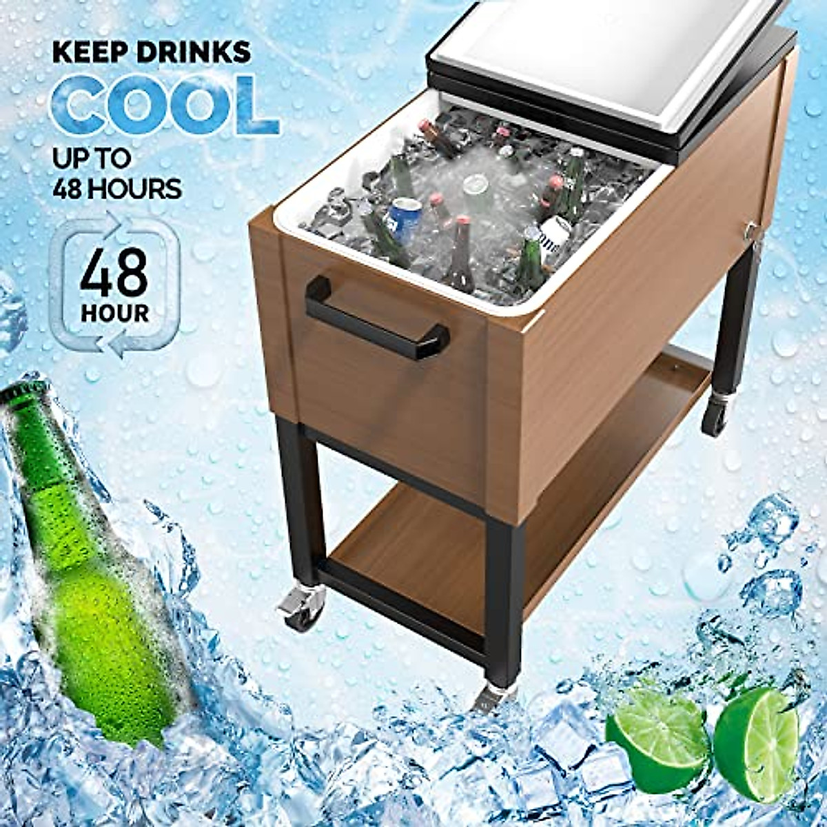 VINGLI 80 Quart Rolling Ice Chest on Wheels, Patio Cooler Cart with Waterproof Cooler Cart Cover, Beverage Rolling Cooler for Outdoor Patio Deck Party (Brown)