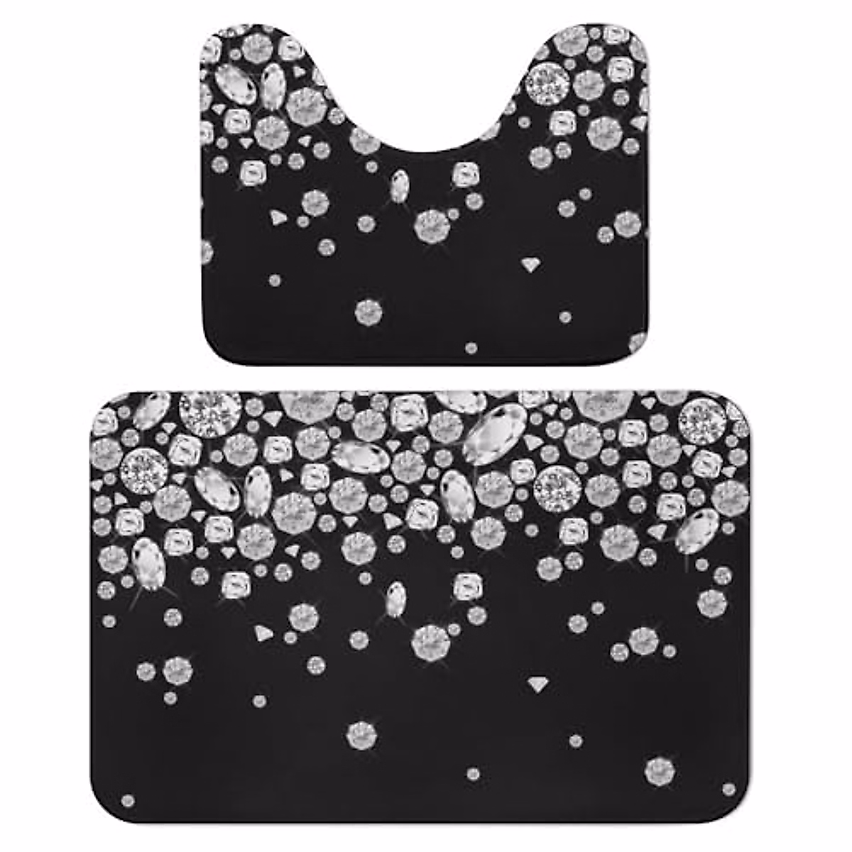 Bathroom Rug Set 2 Piece Diamonds Black Bath Rugs and U-Shaped Contour Toilet Rug, Non-Slip Bath Carpet Bath Mats for Bathroom 15.7"x23.6"