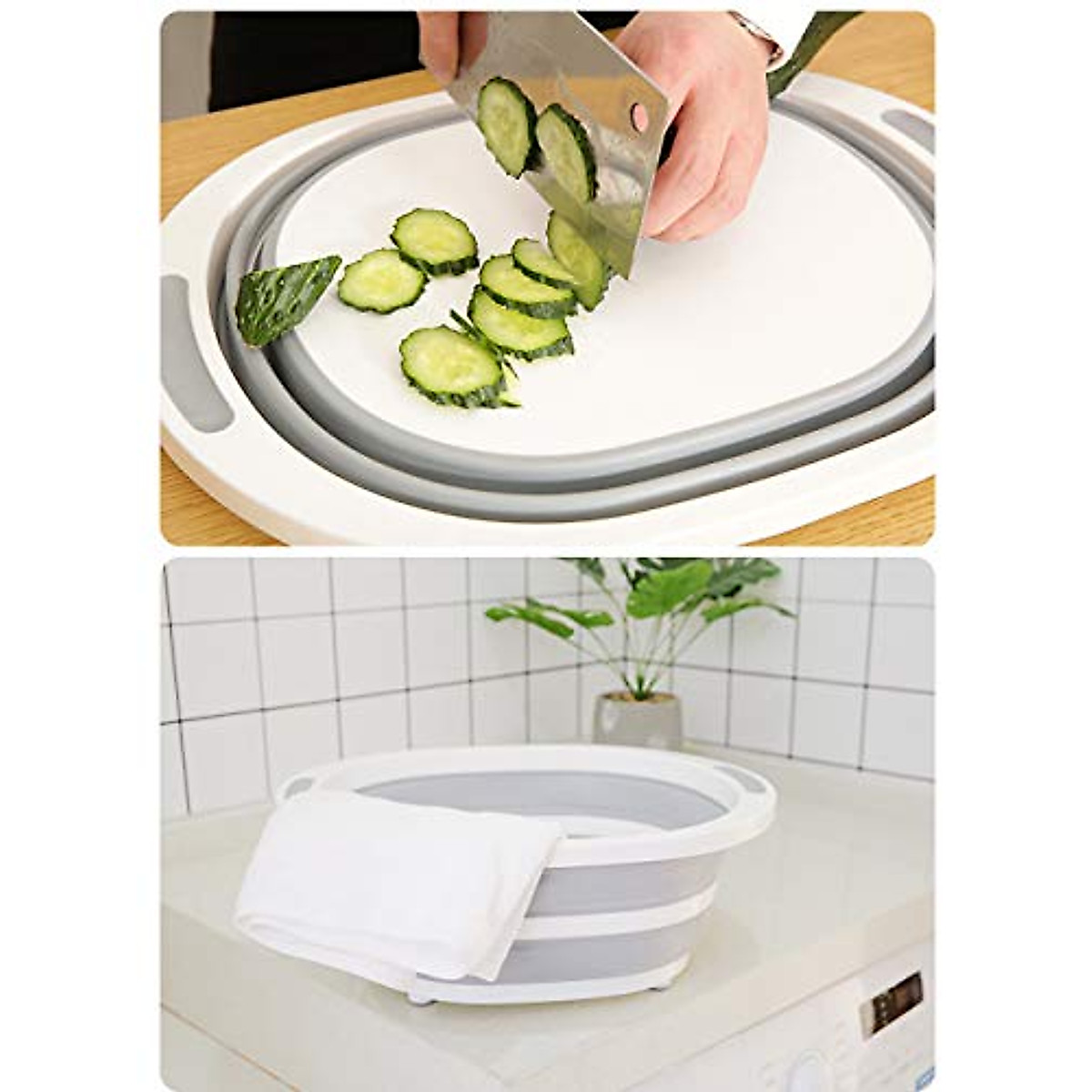AAKitchen Collapsible Dish Pan Cutting Board Combo Portable Washing Basin Dish Tub Foldable Storage Organizer Wash and Drain Dish Basket over the Sink Dish Drainer for RV, Camp, Marine