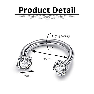Jovivi 2pc 16G Stainless Steel Cubic Zirconia Horseshoe Multi-functional Lip/Nose/Nipple/Eyebrow Captive Hoop Ring Barbell Tragus Cartilage Stud Earrings