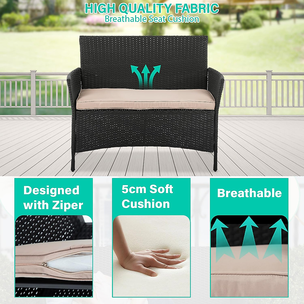 Dopinmin 4 Piece Patio Furniture Set, Outdoor Furniture Set Patio Wicker Conversation Set Bistro Sets Sectional Sofa Set for Lawn Backyard Pool Garden,Black Rattan & Khaki Cushion