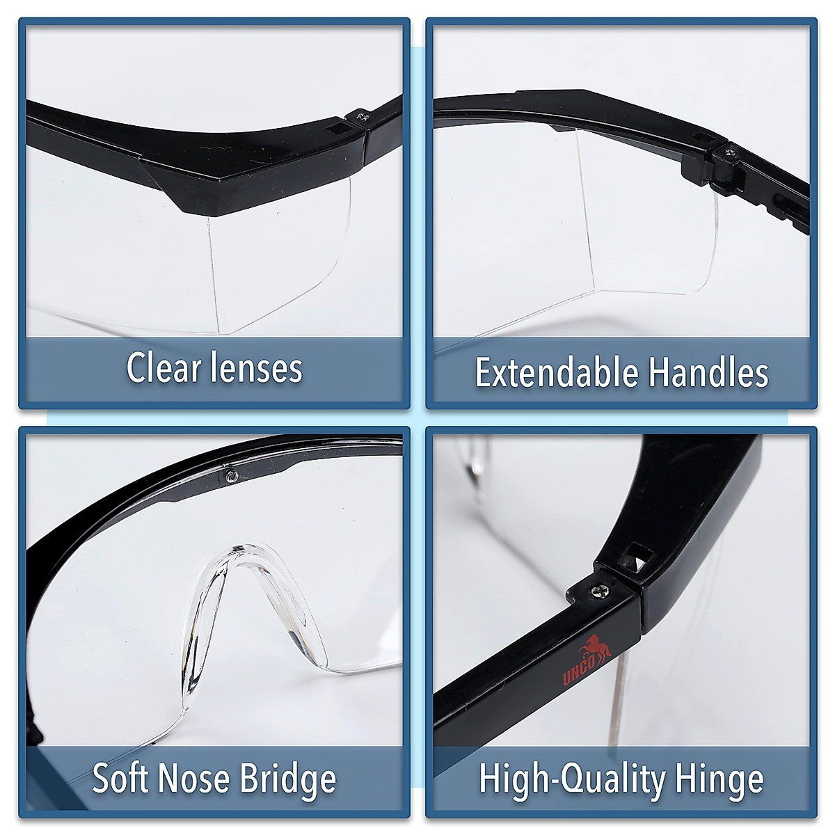 UNCO-Safety Glasses, Anti Fog Safety Glasses with Adjustable Arms, Safety Glasses Anti Fog, Clear Safety Glasses, Lab Safety Glasses, Eye Protection Glasses, Protective Eyewear, Work Glasses