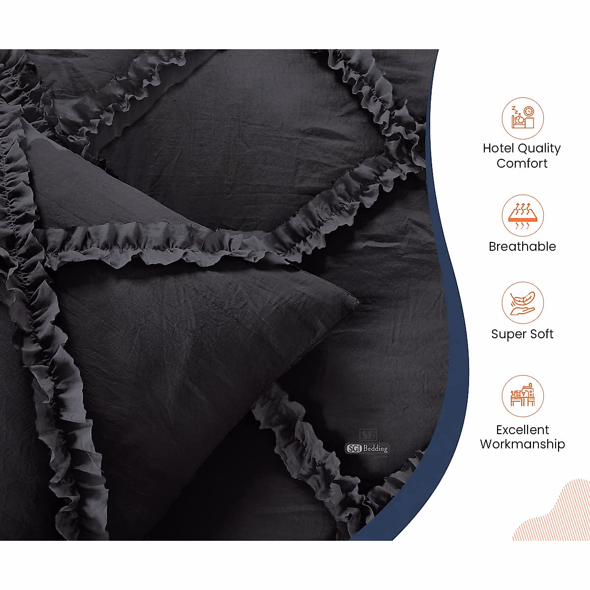 Duvet Cover King/Cal King Size 600 Thread Count 3 Piece Set - Super Soft Luxury Sateen Weave & Breathable all season Comforter Cover with Zipper Closure Corner Ties - Dark Grey Diamond Ruffle