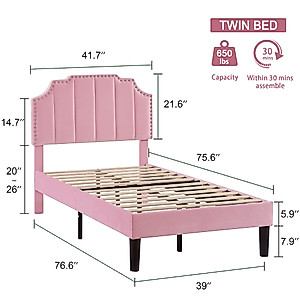 VECELO Twin Upholstered Platform Bed Frame for Kids,Girls,Boys,with Tufted Adjustable Headboard/Mattress Foundation/Wood Slat Support,Easy Assembly,Pink