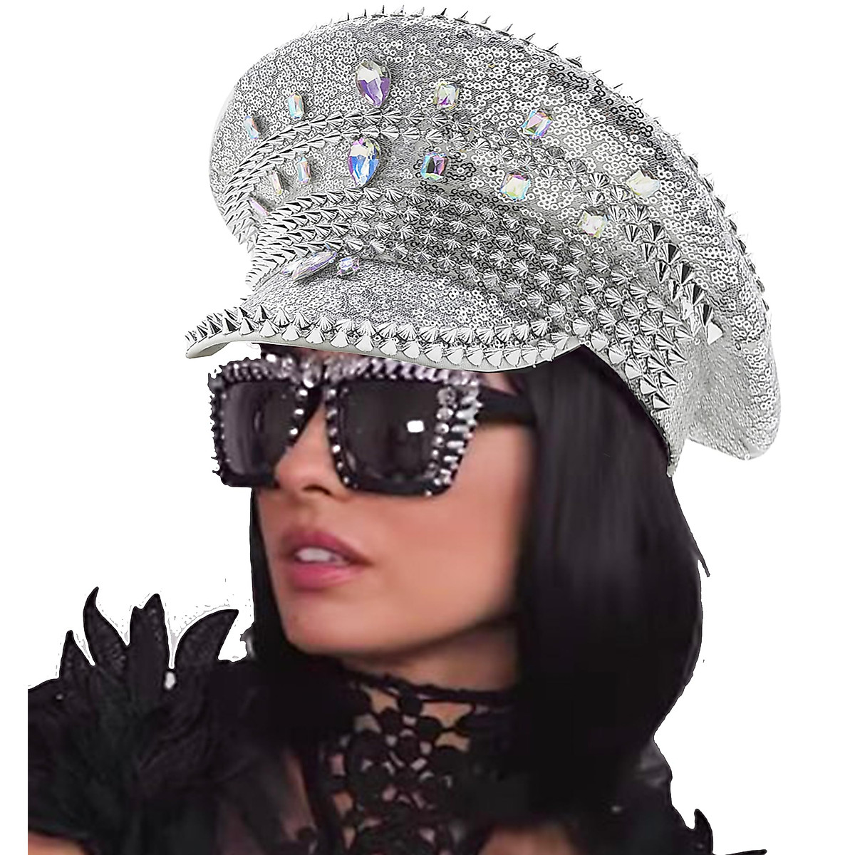 UTOWO Glitter Sequin Bride Hat Bachelorette Hen Party Captain Caps Rhinestone Hen Do Hat Steampunk Military Hat for Women (as1, alpha, one_size, Standard, Silver)