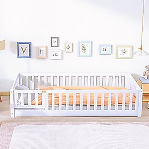Twin Floor Bed for Kids, Montessori Bed Frame with Fence-Shaped Guardrails, Support Slats and Door, Wood Floor Twin Bed for Kids,Toddler,Boys Girls, No Box Spring Needed(White, Twin Bed Frame)