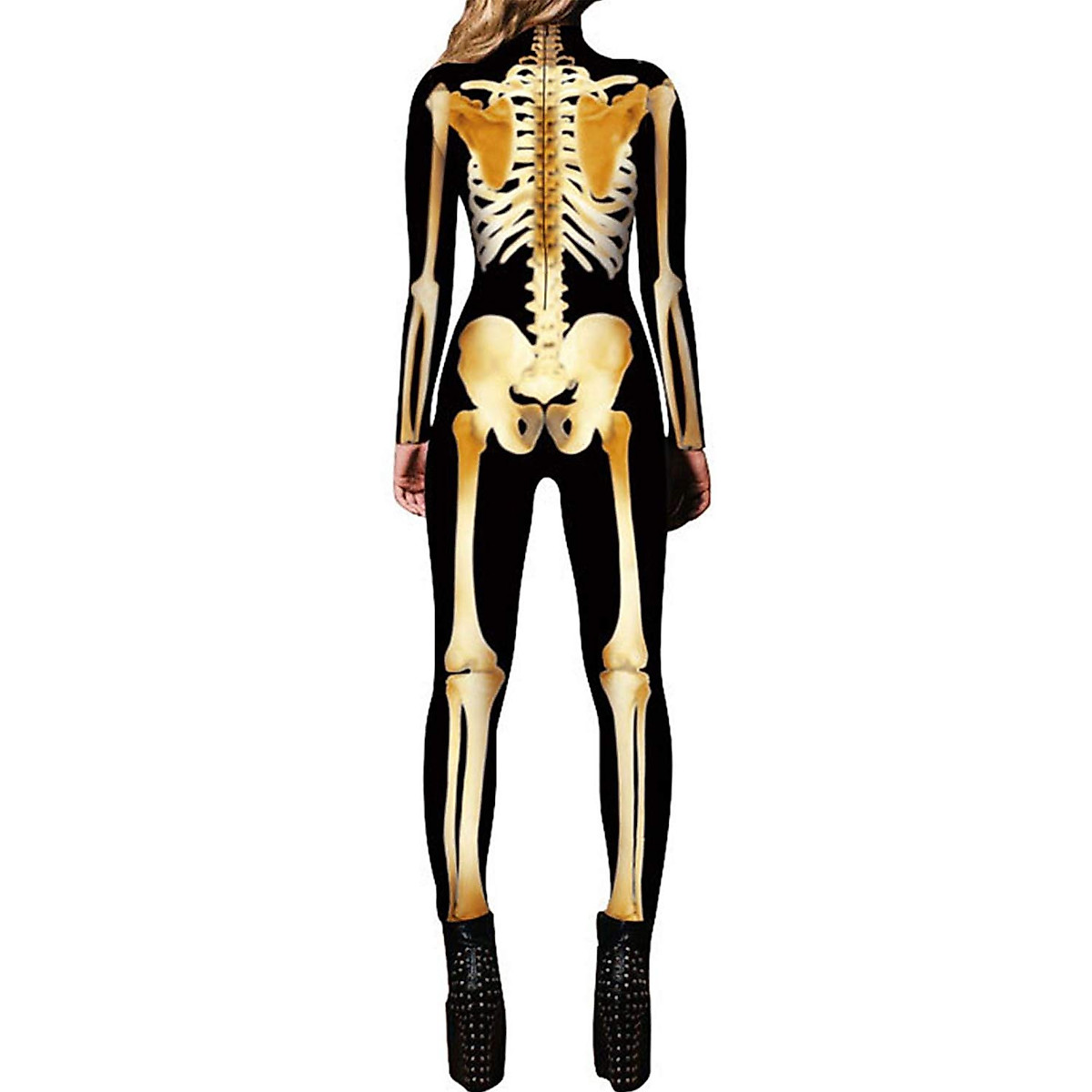 uideazone Halloween Costume for Women Golden Skeleton Skull Cosplay Jumpsuit Bodysuit Long Sleeve Skinny Outfits