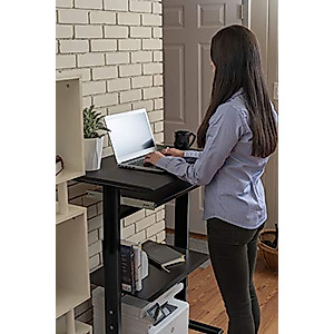 Stand Up Desk Store Mobile Rolling Adjustable Height Standing Workstation with Printer Shelf and Slideout Keyboard Tray (Black Frame/Black Top, 30" Wide)