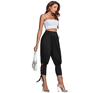 LYANER Women's Elastic High Waist Drawstring Wide Leg Palazzo Pants Loose Trousers Black X-Large