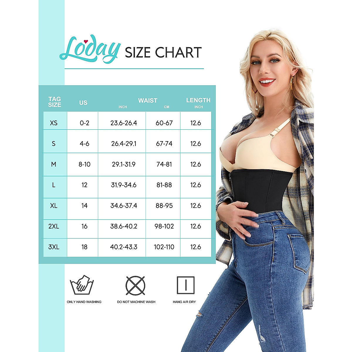 LODAY Waist Trainer Corset for Women Tummy Control Sport Workout Body Shaper Black (XS, Black(Zip and Hooks))