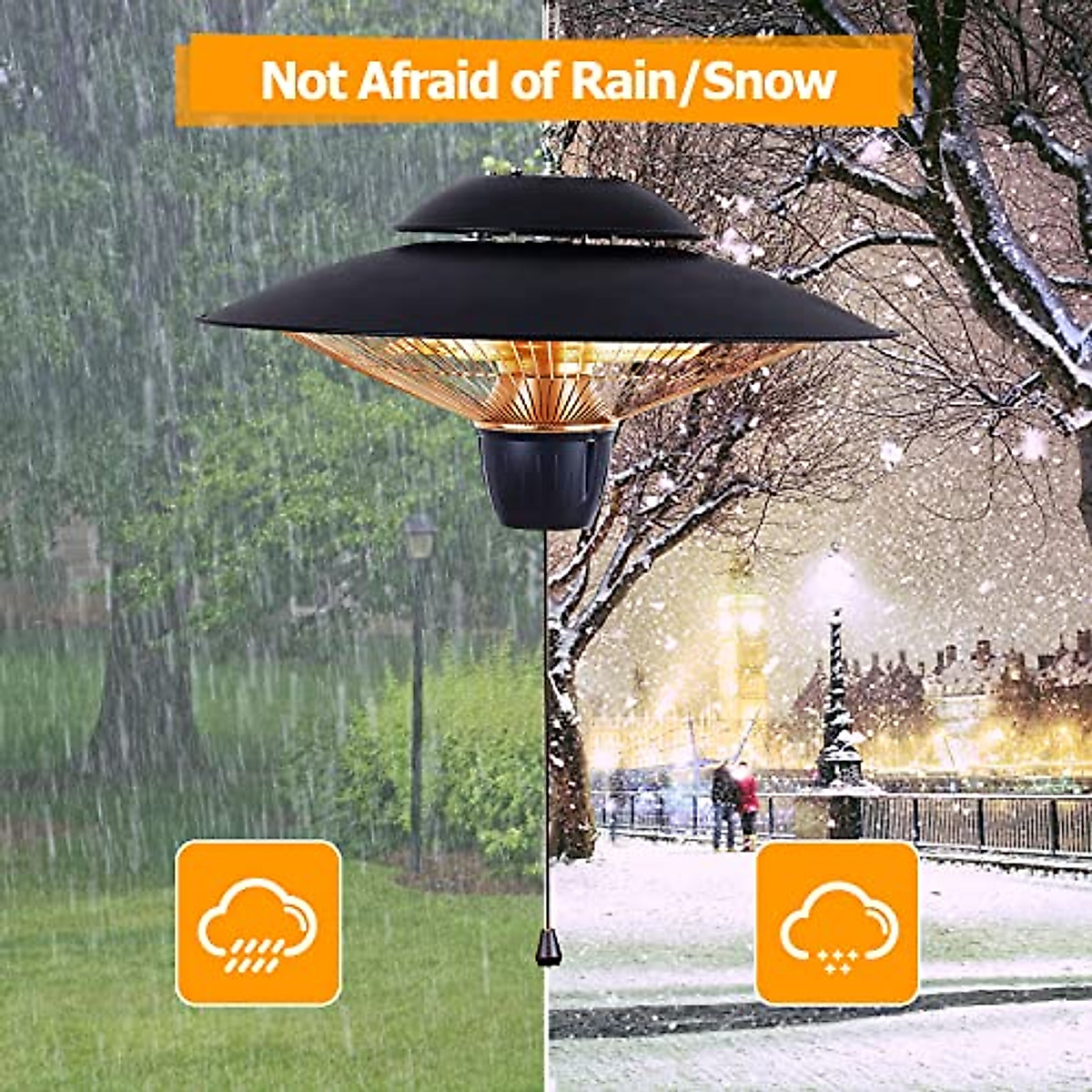 Ceiling Patio Heater, 1500W Outdoor and Indoor Hanging Patio heaters, Waterproof Courtyard Electric Heater, Hanging Mounted Heater 3S Fast Heating, IP24 Rated 2 Power Levels for Large Room, Garage