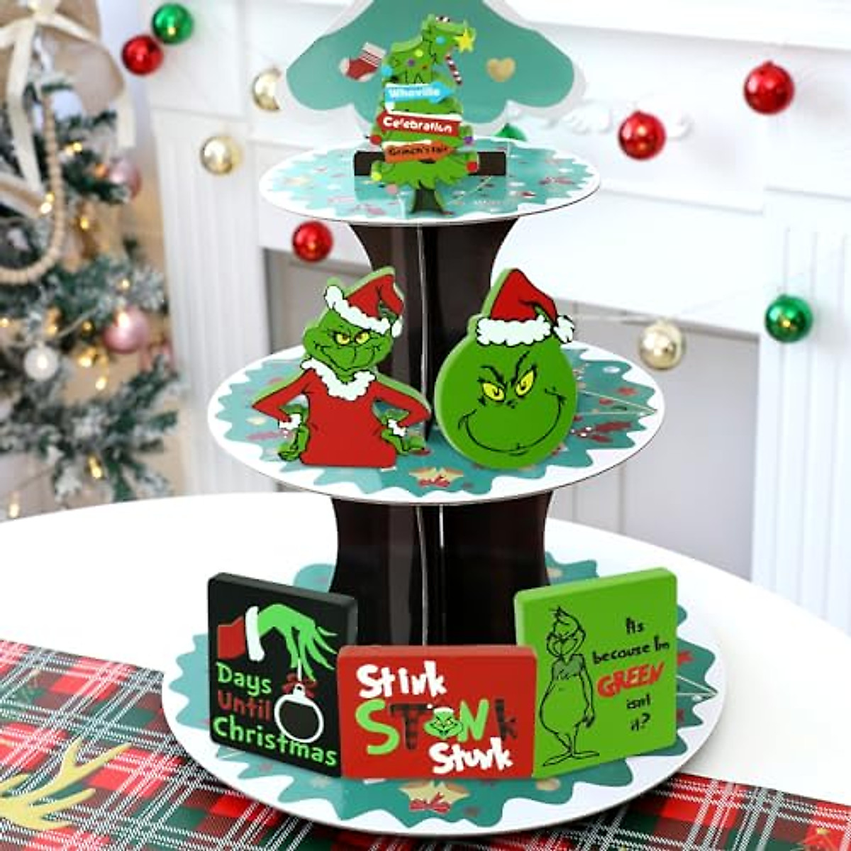 Christmas Tiered Tray Decor Green Tiered Tray Decoration Christmas Tree Wooden Signs Decorations for Farmhouse Home Tabletop Shelf
