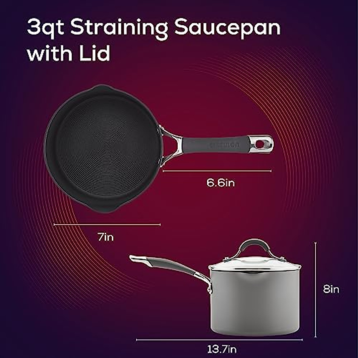 Circulon Radiance Hard-Anodized Nonstick Straining Saucepan, 3-Quart, Gray