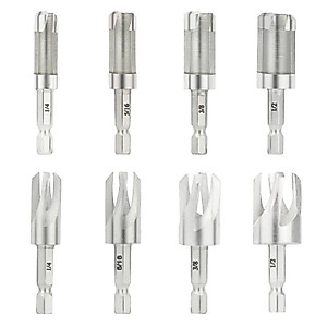 Wood Plug Cutters, 8 Pcs Straight and Tapered Plug Cutter Set 1/4", 5/16”, 3/8", and 1/2" Taper Cutting Tool Cork Drill Bit Knife Set with 1/4 Hex Shank