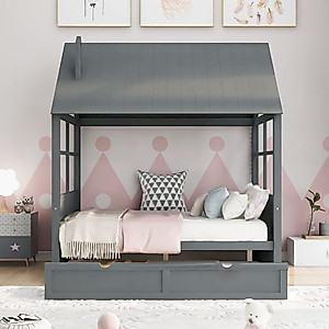 BIADNBZ Full Size House Bed with Twin Trundle, Wooden Platform BedFrame Daybed w/Roof&Window for Kids Boys Girls Bedroom, Gray