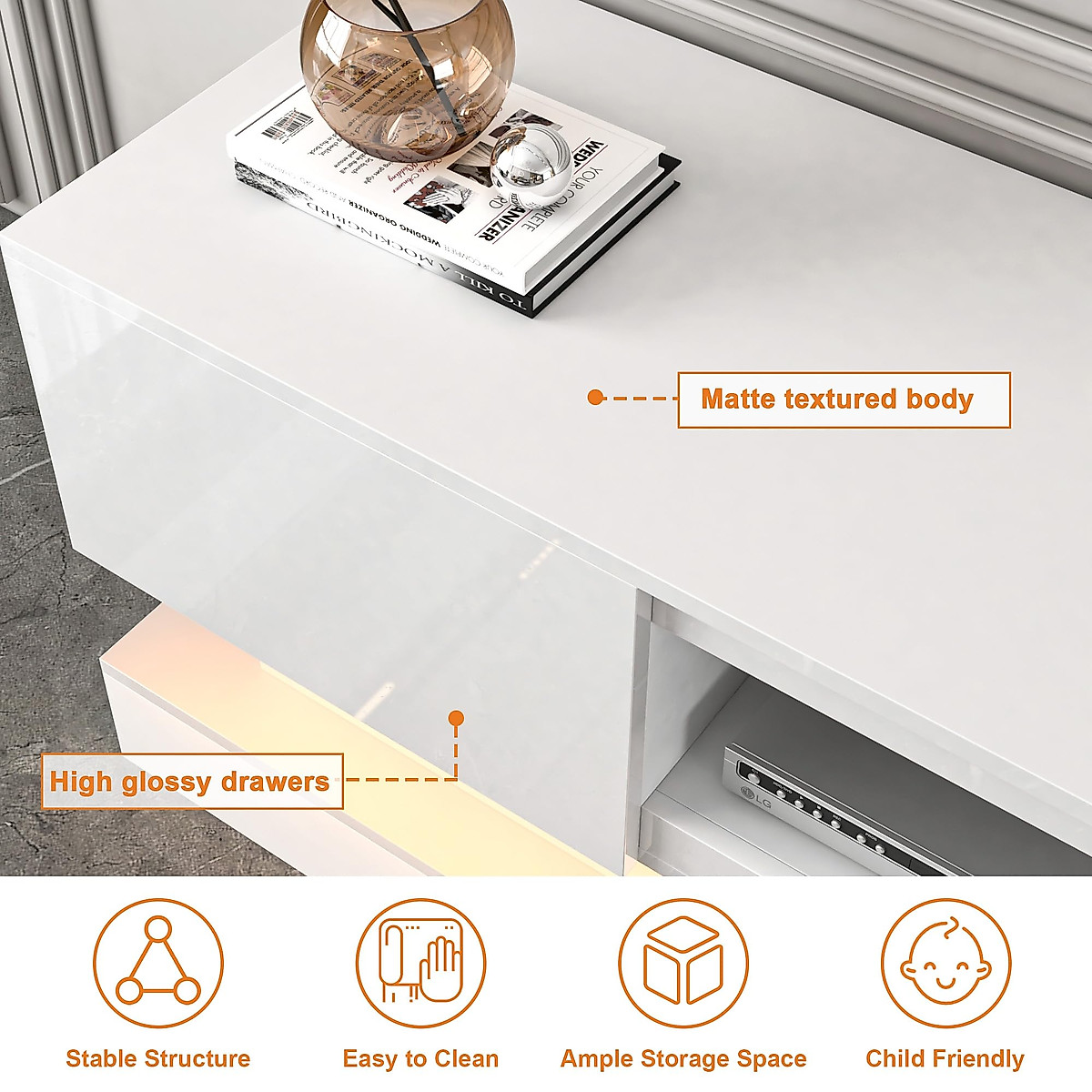 Koifuxii White LED TV Stand - Modern TV Stand with Led Lights and Storage Drawers for TVs up to 70 Inch - Gaming TV Entertainment Stand for Living Room, Bedroom