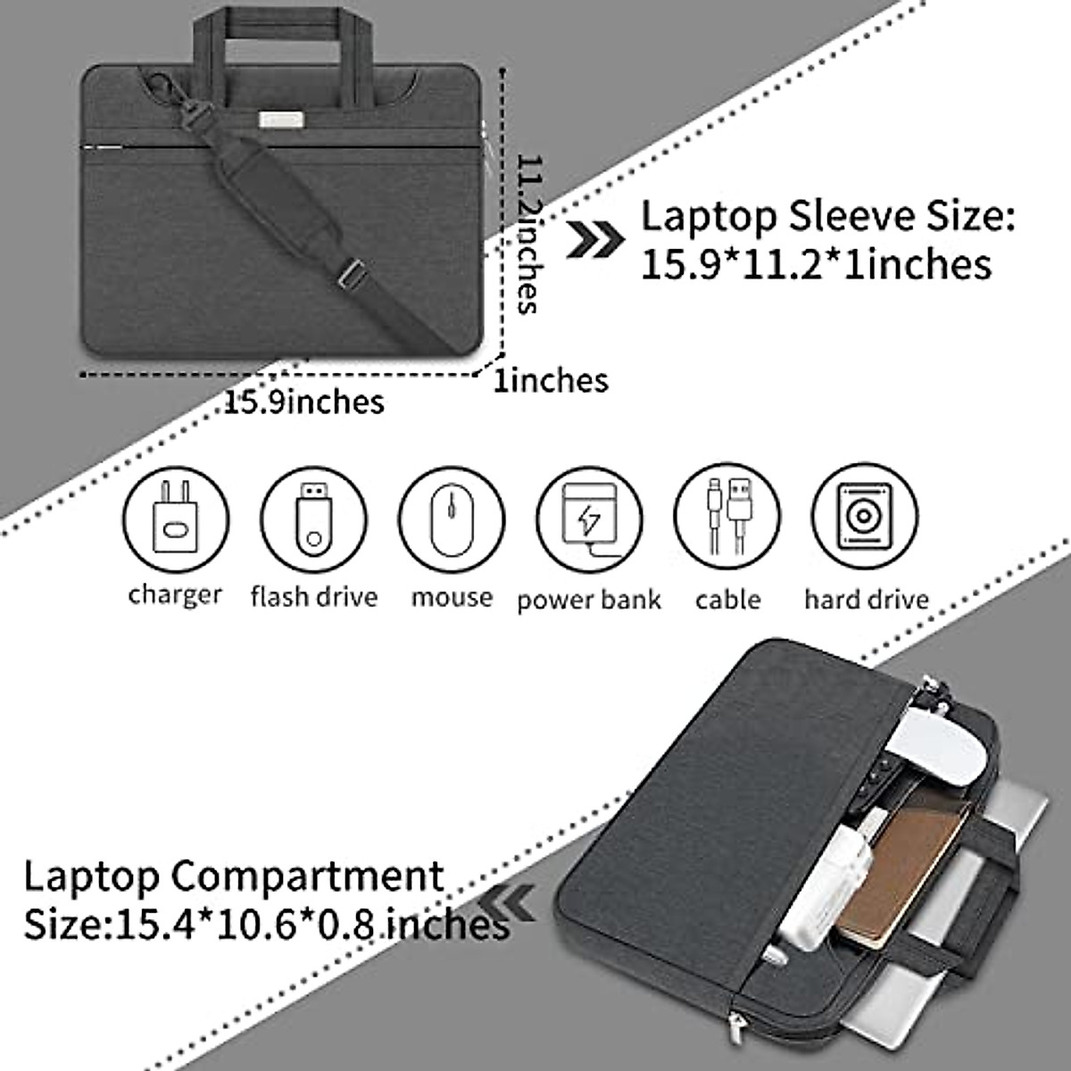 HESTECH Laptop Bag,15.6 Inch Laptop Sleeve Case,Business Briefcase,Water-Repellent Slim Computer Carry Case with Shoulder Strap for 15-16" Hp Dell Acer,Black