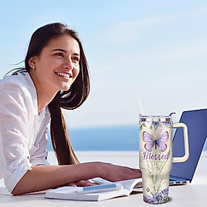Thmasamwr Butterfly Tumbler With Lid, Straw and Handle - 40oz Stainless Steel Travel Coffee Mug Water Bottle - Gift Cup for Women and Girls