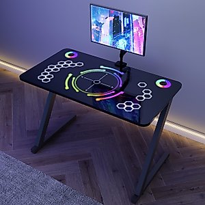 ELECWISH Gaming Desk S-001 Tempered Glass Desktop RGB Lighting, LED Light Computer Desk for Gamer
