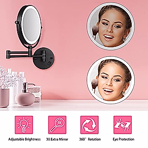 SanaWell Makeup Mirror with Lights and Magnification 3X/1X, 8 Inch Double Sided Wall Mounted Mirror [One Button Switch], Extendable Arm 360° Swivel Vanity Mirror Powered by Plug-in AC Cord (Black)