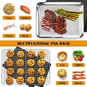 17.5 Inch Half Baking Cookie Sheet with Rack, P&P CHEF Stainless Steel Baking Pan Oven Tray and Cooling Rack for Cooking, Corrugated Bottom & Grid Rack, Healthy & Durable, 2Pcs (1 Pan +1 Rack)