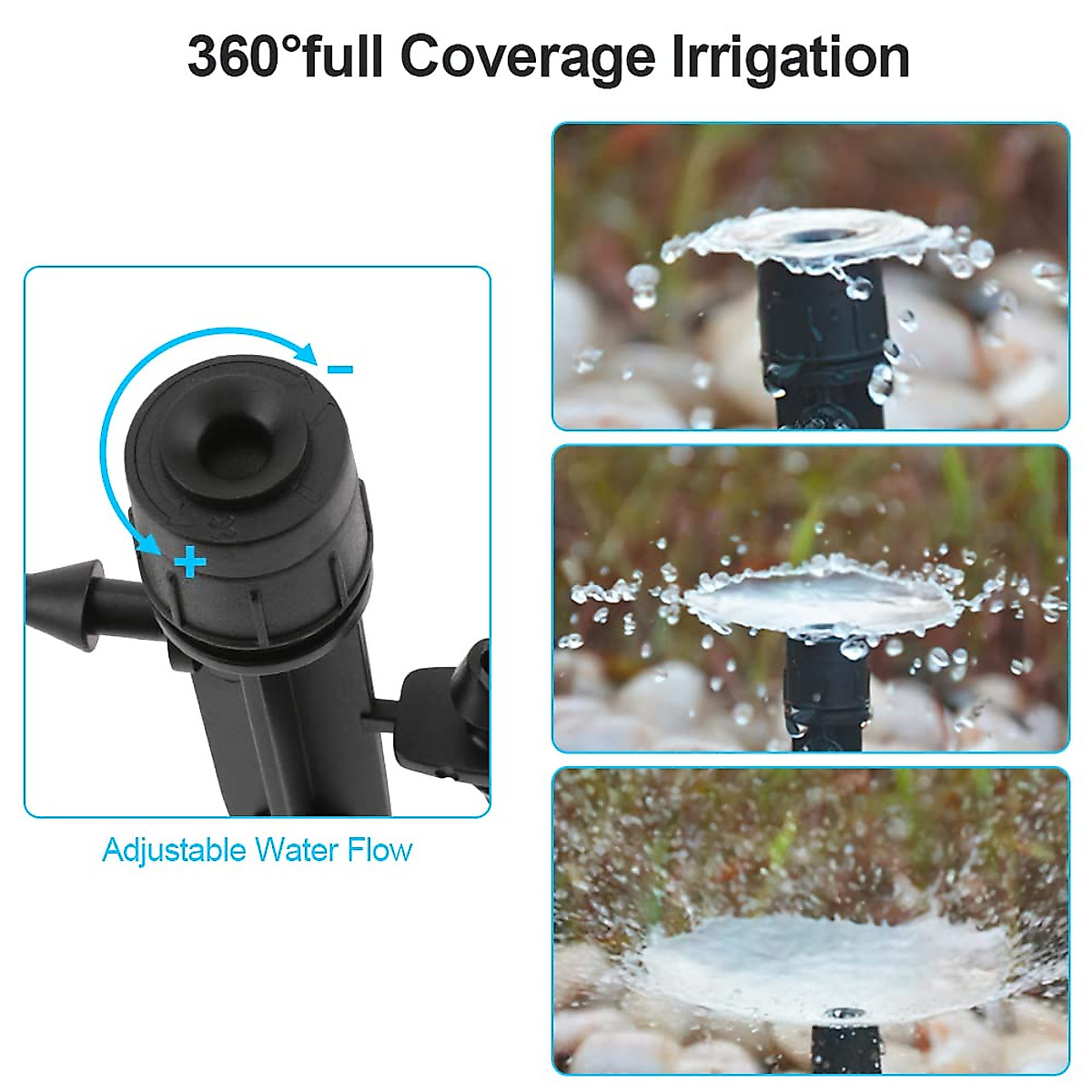 LINGSFIRE 200 PCS Water Irrigation Drippers for 4/7mm Drip Tubing 360 Degree Full Circle Scattering Adjustable Micro Flow Drip Stakes Emitter with Dripping Barbed Connector