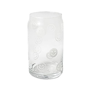 Smiley Face Glass Cups with Lids and Straws- Tumbler with Lid and Straw- 16 oz Iced Coffee Cup w/Bamboo Lid Stainless Streel Straw- Beer Can Shaped Drinking Glasses- Cute Cups- Gift for Women