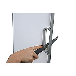 3-in-1 Plastic Cutting Board with Built-In Knife Sharpener, Garlic Grater, Raised Juice Catcher, Slip-Resistant Bottom, Non-Stick Food Prep Surface, Meat, Vegetable, Cheese