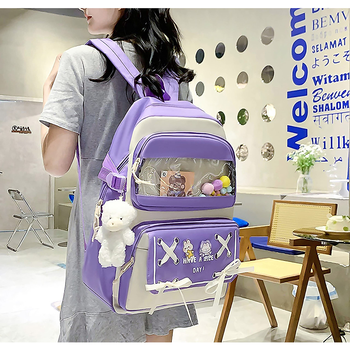 DUOBAOYU 5PCS Kawaii Backpack Set with Cute Pendants and Pins Accessories Aesthetic Rucksack for Teen Girls 17in Cute School Bags Bookbag with Shoulder Bag,Pencil Box,Tote Bag,Small Bag,Purple