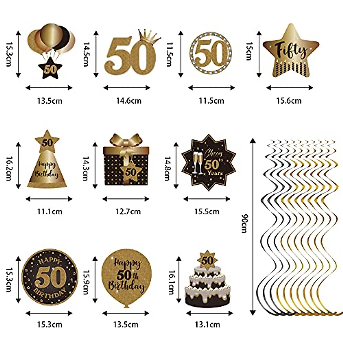 Happy 50th Birthday Party Hanging Swirls Streams Ceiling Decorations, Celebration 50 Foil Hanging Swirls with Cutouts for 50 Years Old Black and Gold Birthday Party Decorations Supplies