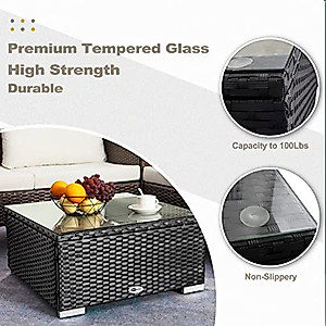 DIMAR GARDEN Outdoor Coffee Table Wicker Patio Side Table with Glass Top,25.2in Black