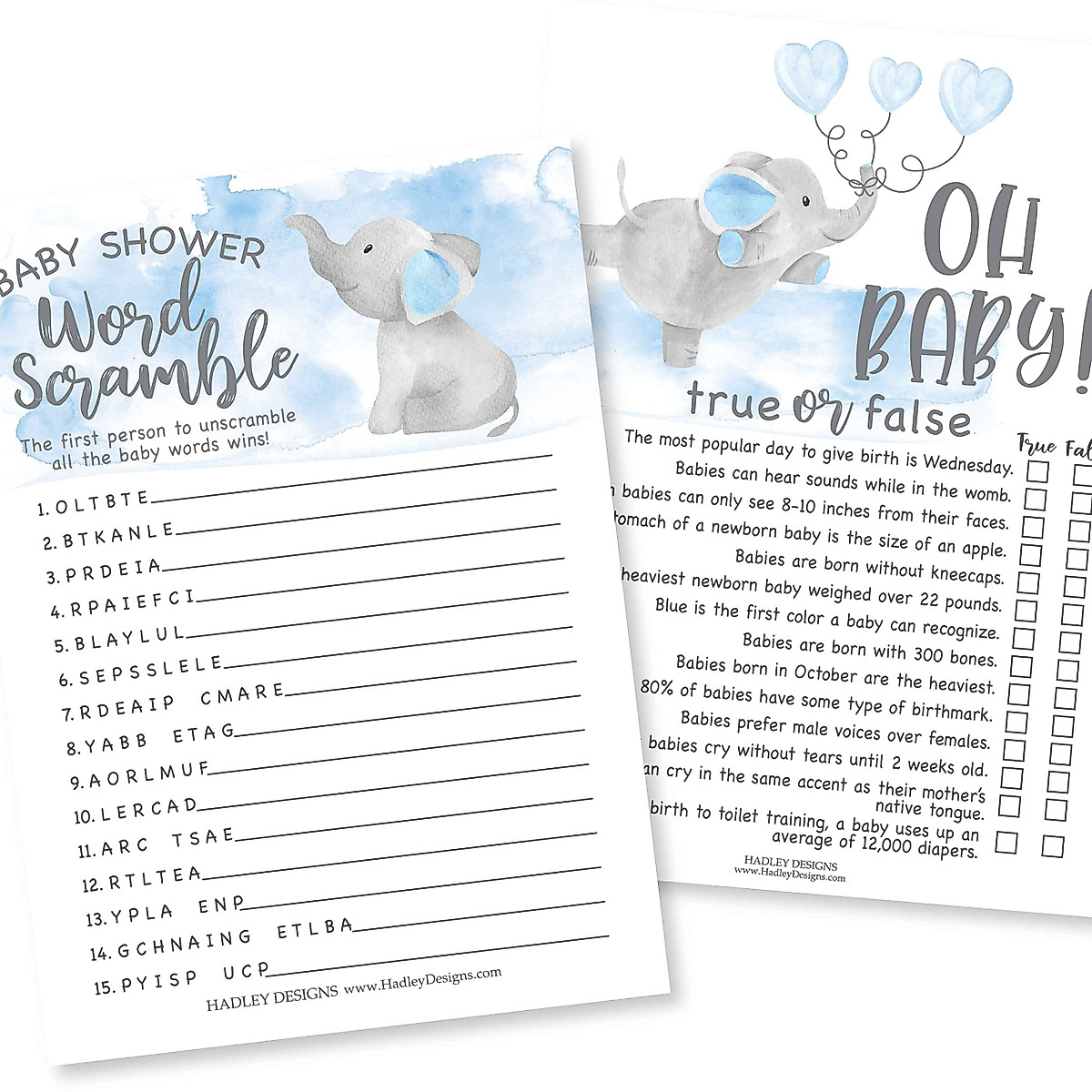 25 Elephant Word Scramble For Baby Shower, 25 True Or False Game, 25 Trivia Game, 25 Find The Guest, 25 Baby Animal Matching, 25 Nursery Rhyme Game - 6 Double Sided Cards Baby Shower Ideas