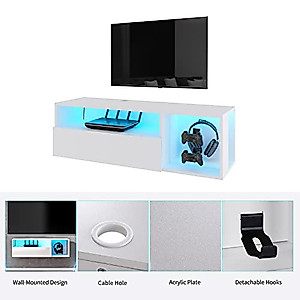 SogesPower Floating TV Stand Wall Mounted with Lights,LED TV Stand Floating Entertainment Center with Storage for Bedroom Living Room,Modern Floating Shelf for Under TV,White 40"