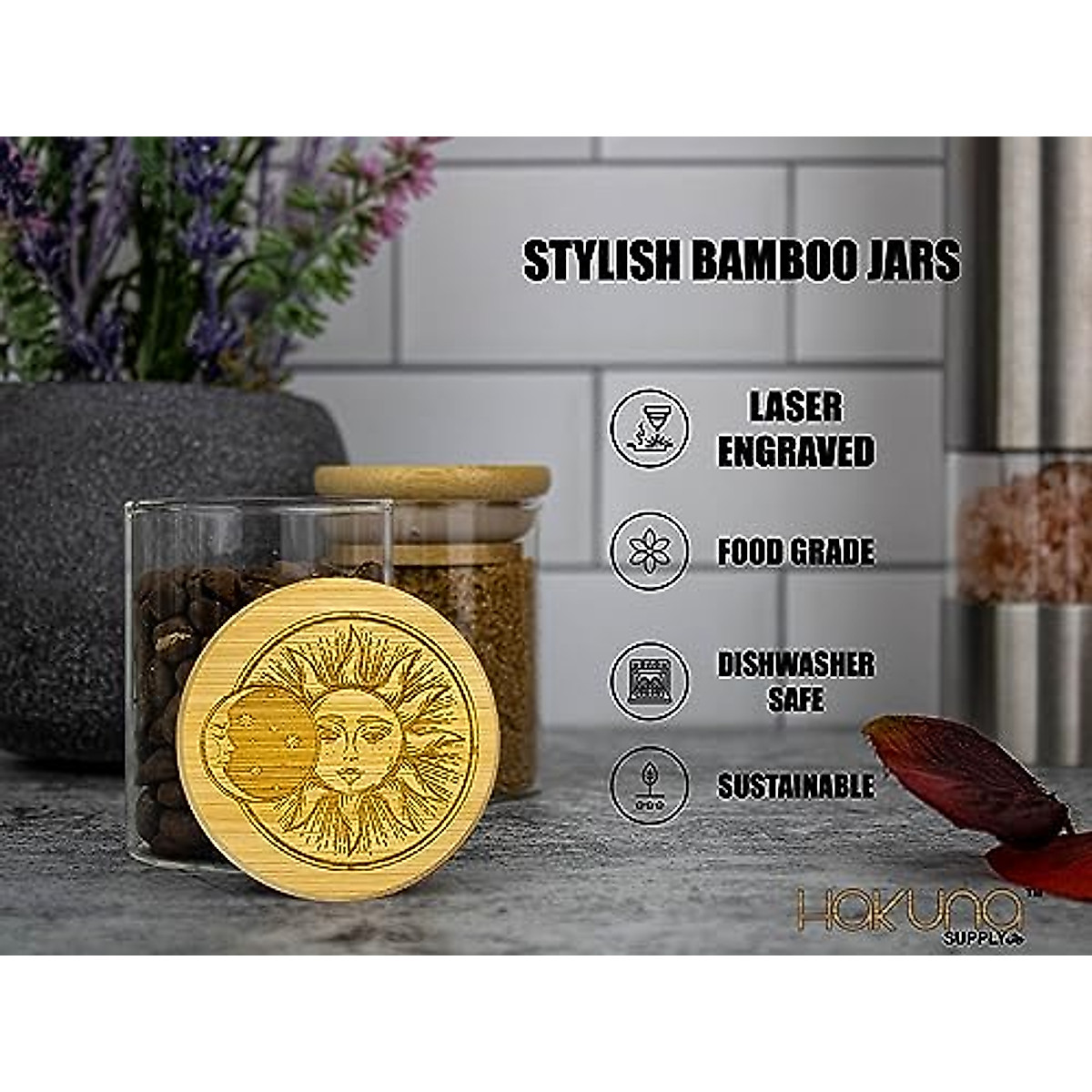 Sun and Moon 60ML Glass Food Storage Container and Decorative Engraved Air Tight Bamboo Lids Multi-Use Jar Herbs, Coffee, Tea, Sugar, Candy Apothecary Accessories for The Bedroom Kitchen Pantry